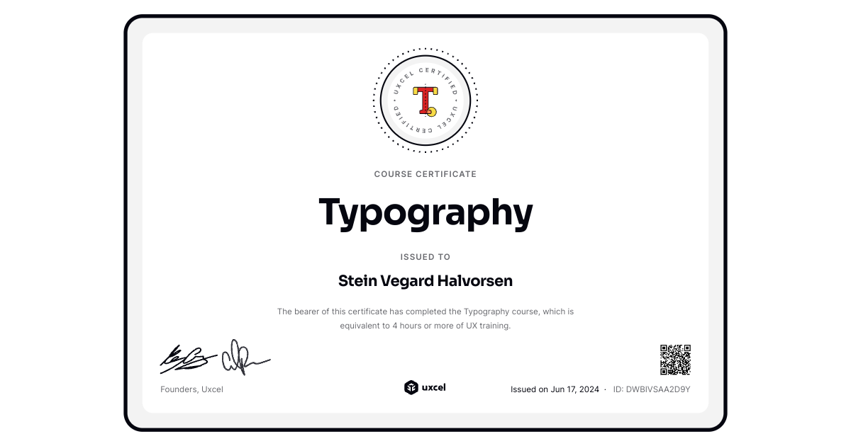 Certificate of completion for Typography | Uxcel